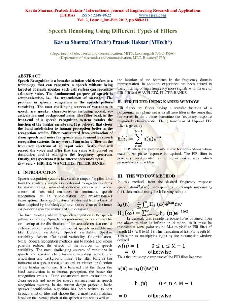 Speech Denoising Using Different Types of Filters | PDF | Filter (Signal Processing) | Speech ...