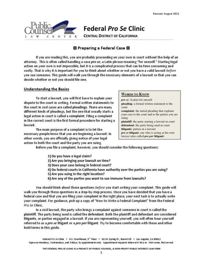 GUIDE Preparing A Federal Case | PDF | Pro Se Legal Representation In ...