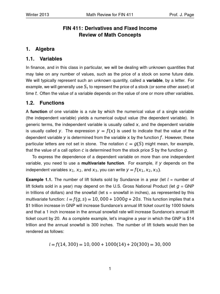 FIN 411: Derivatives and Fixed Income Review of Math Concepts 1 ...