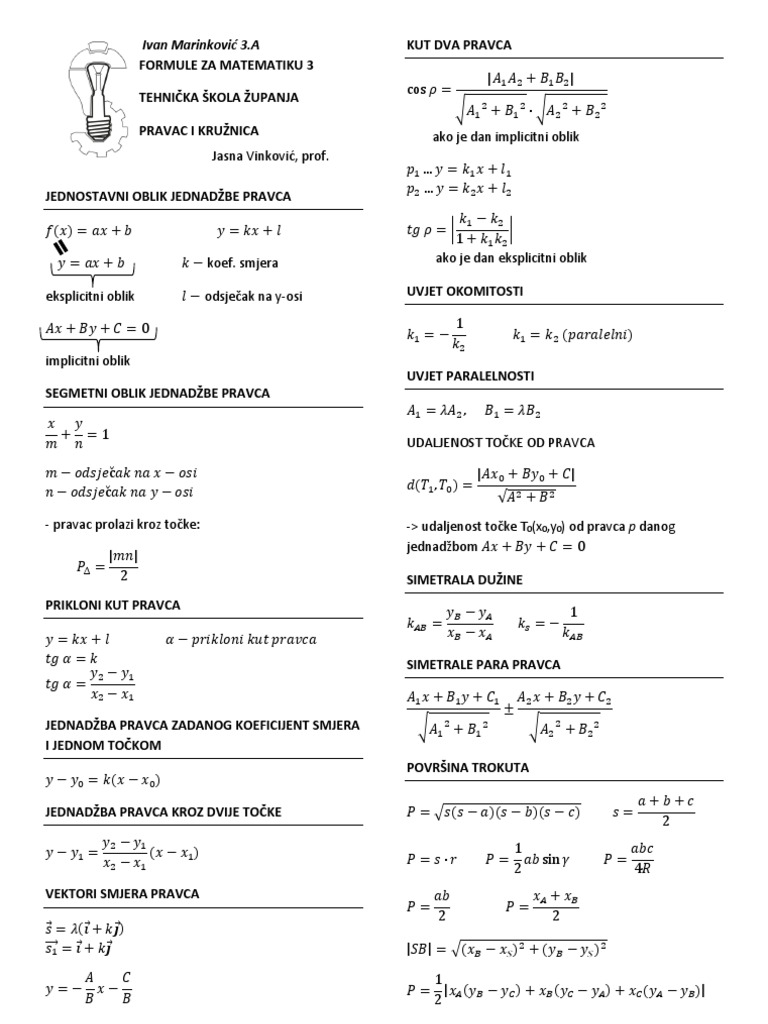MATEMATIKA 3 - Formule - Pravac I Kružnica | PDF