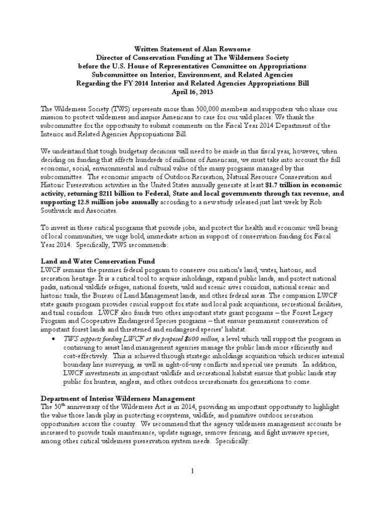 TWS Statement on FY 2014 Conservation Funding | PDF | Wilderness ...