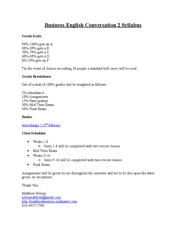 Business English Conversation 2 Syllabus | PDF