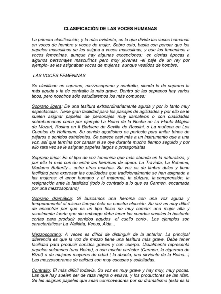Clasificación de Las Voces Humanas | PDF | Canto | Ópera
