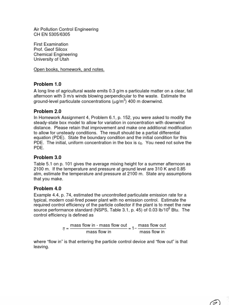 Air Pollution Control Exam Problems | PDF | Teaching Methods ...