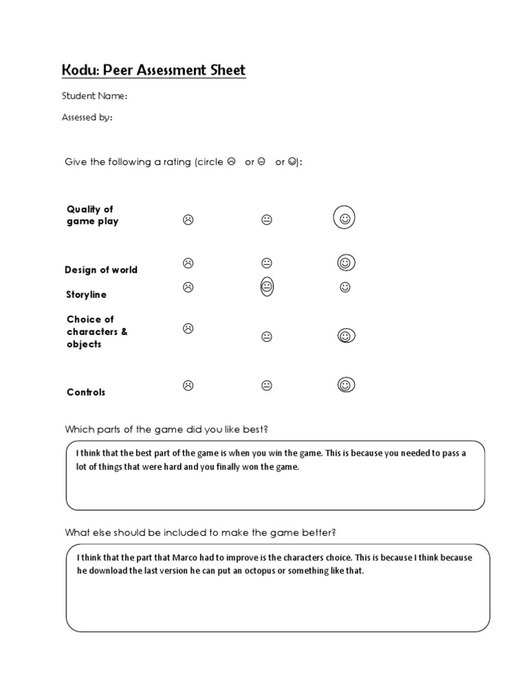 Kodu Game Peer Assessment Sheet | PDF | Games & Activities