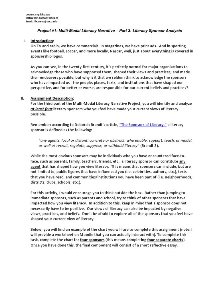Literacy Sponsor Analysis Project Guide | PDF | Literacy | Narrative