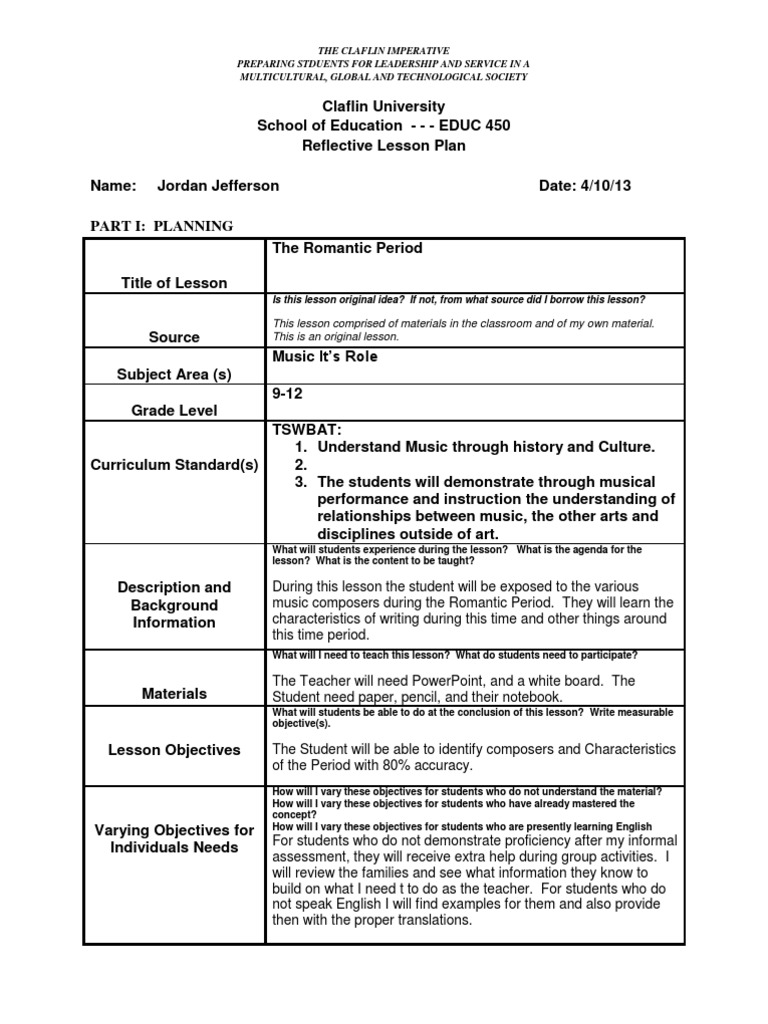 Lesson Plan Romantic Period | PDF | Educational Assessment | Applied ...