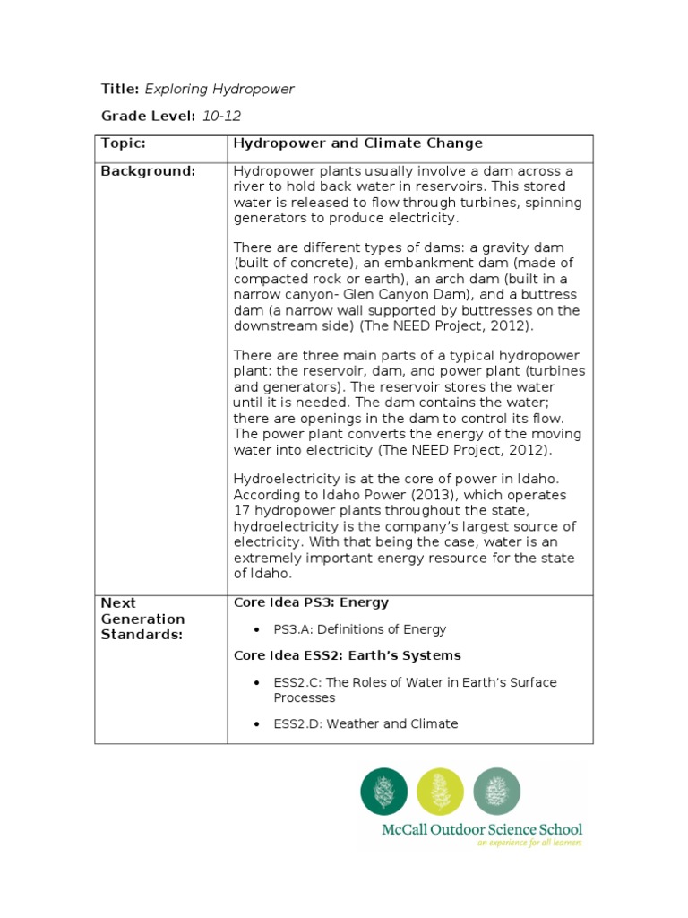 Title: Exploring Hydropower Grade Level: 10-12 Topic: Hydropower and ...