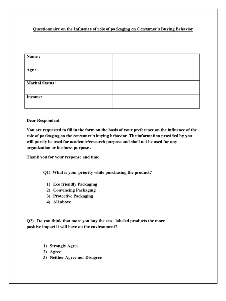 Questionnaire on Influence of Role of Packaging on Consumer | Retail ...