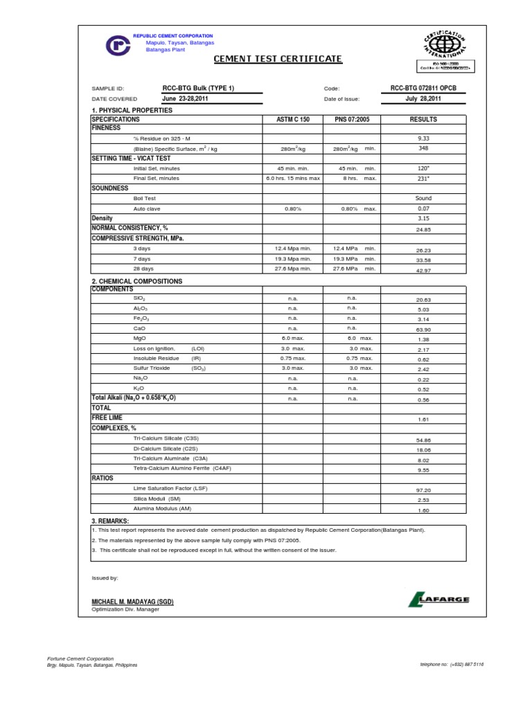 Republic Cement Test Certificate Summary | PDF | Cement | Manmade Materials