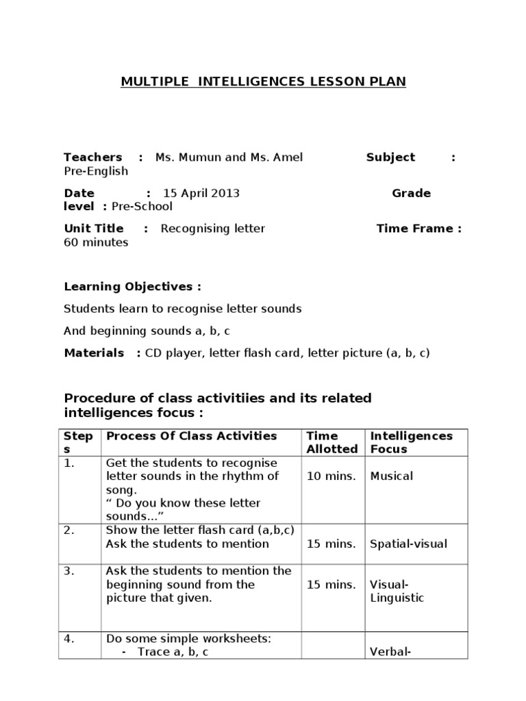 Multiple Intelligences Lesson Plan | PDF | Homework | Lesson Plan