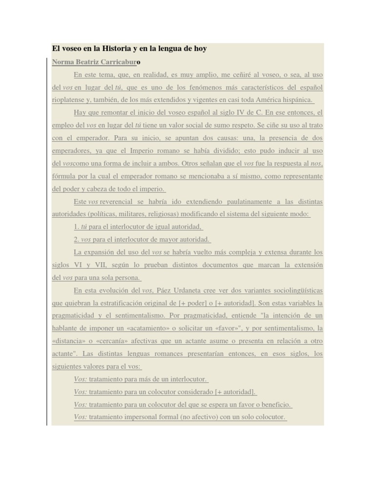 El Voseo en La Historia y en La Lengua de Hoy (N. B. Carricaburo) | PDF ...