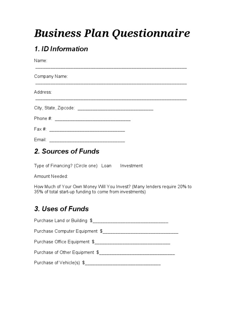 Business Plan Questionnaire (1) | Loans | Advertising