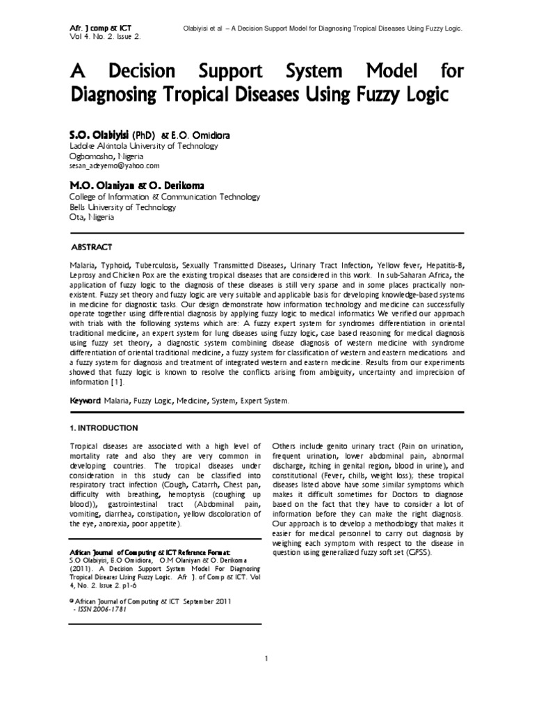 A Decision Support Model For Diagnosing Tropical Diseases Using Fuzzy Logic Pdf Medical 