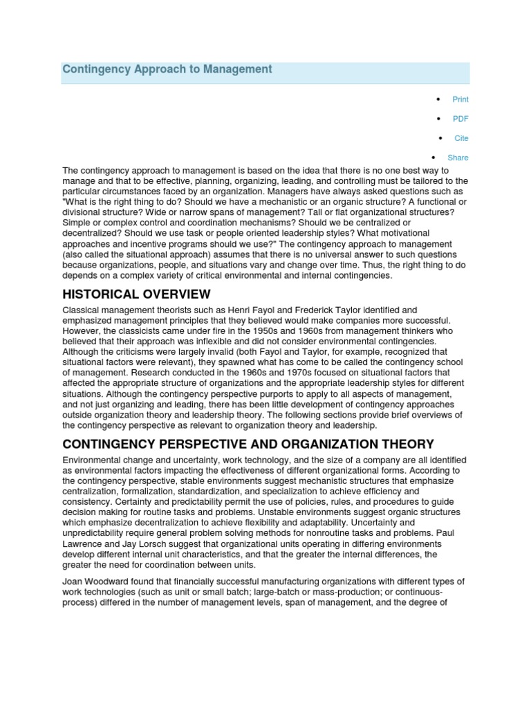 Contingency Approach To Management | PDF | Leadership | Epistemology