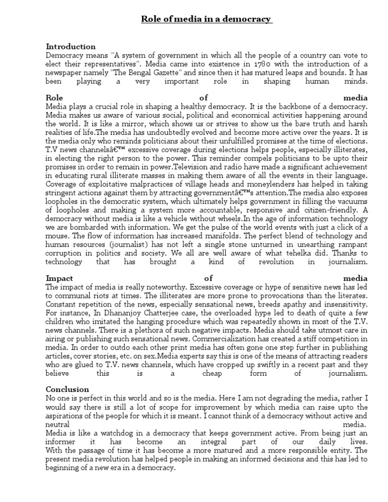 Role of Media in a Democracy | Mass Media | Journalism