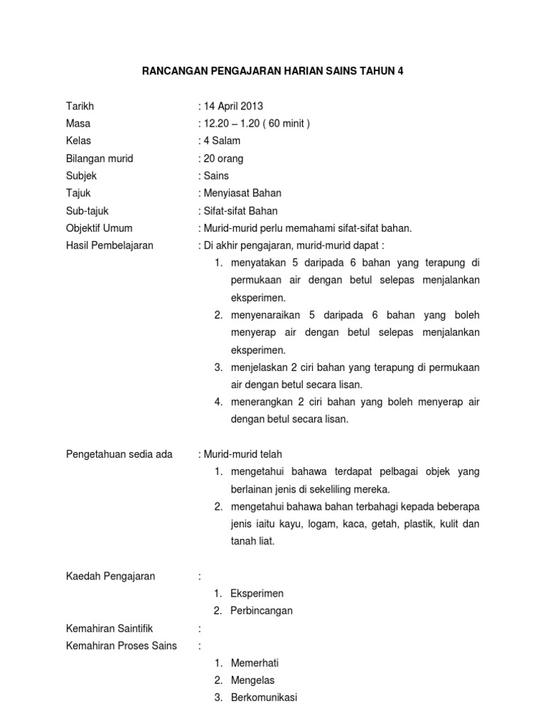 RPH Sains Tahun 4 - Sifat Bahan (Terapung | PDF