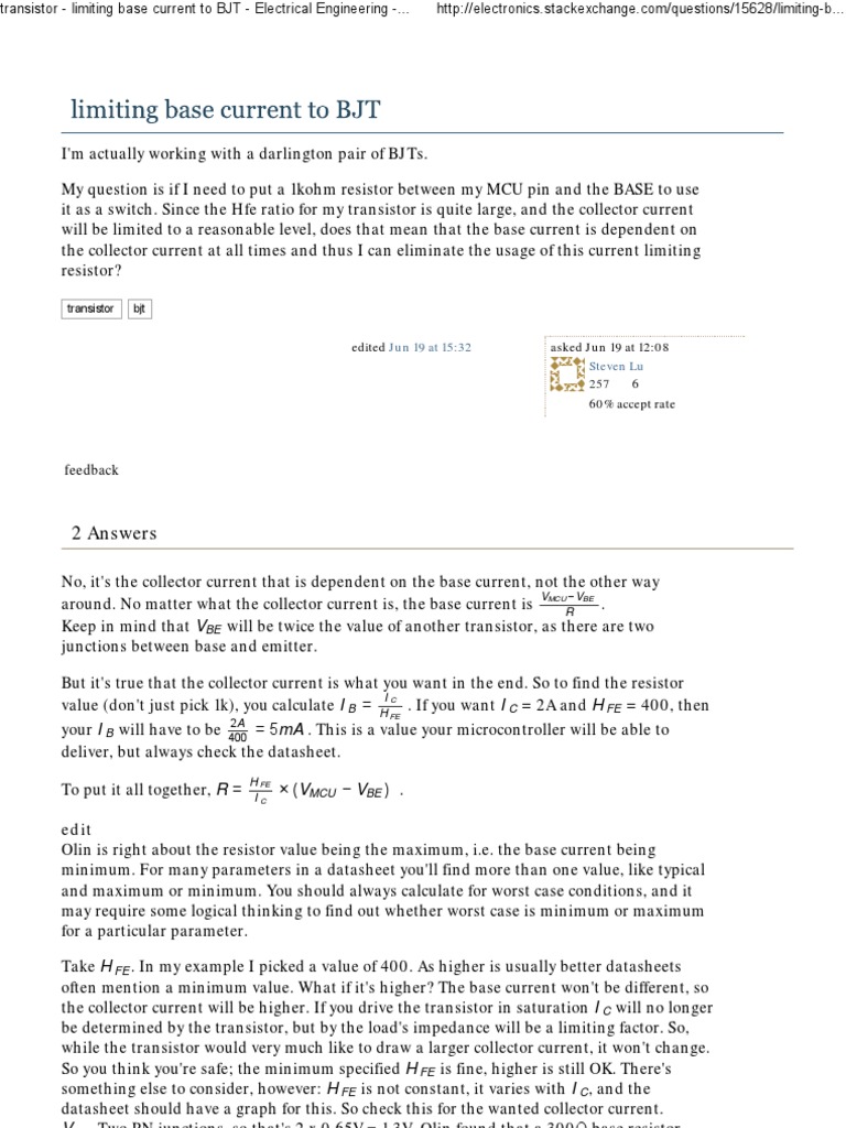Transistor - Limiting Base Current To BJT - Electrical Engineering ...