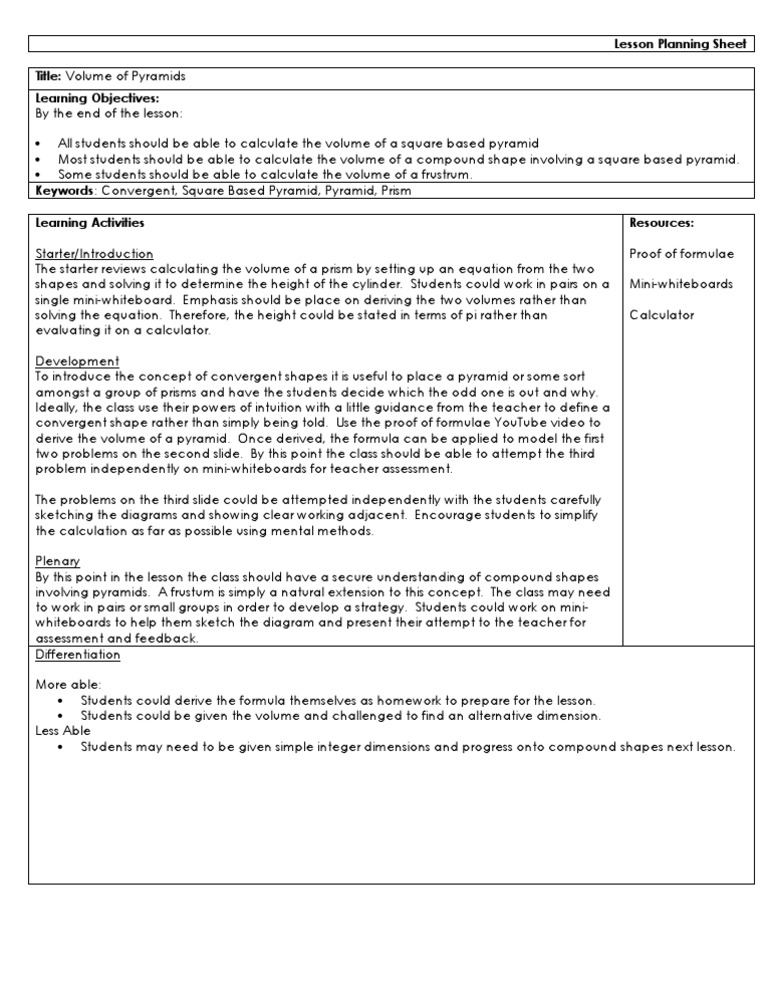 Pyramids Lesson Plan | PDF | Pyramid | Volume