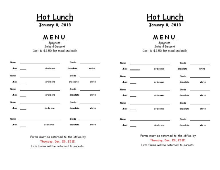 January 2013 Hot Lunch Menu | PDF