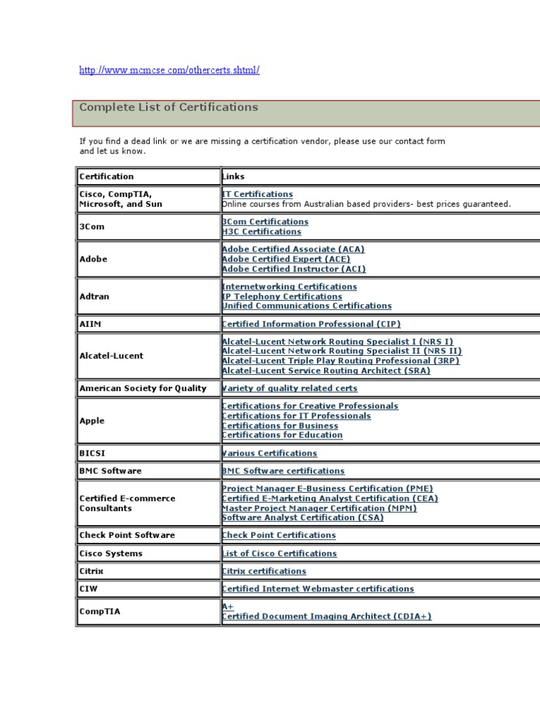 Complete List of IT Information Technology - CSE Certifications | Comp ...