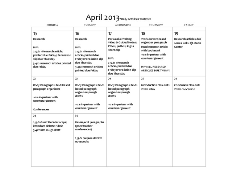 April 2013 Research and Writing Schedule | PDF