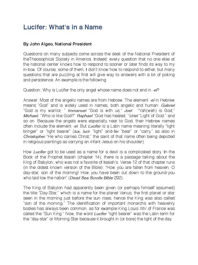 Lucifer - What's in A Name | PDF | Lucifer | Religious Belief And Doctrine