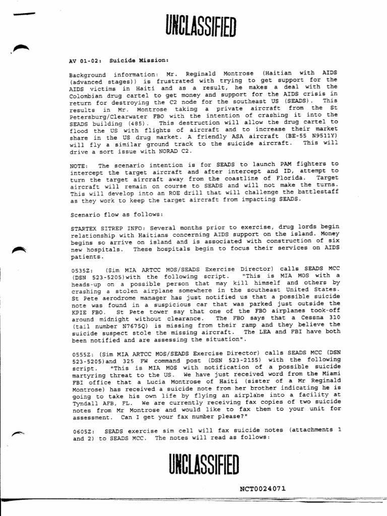 Scenario For NORAD Training Exercise With Suicide Pilot in June 2001 ...