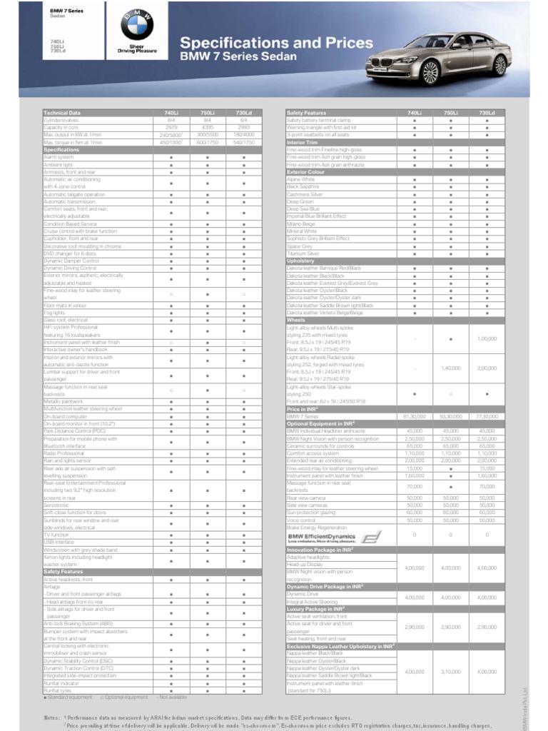 BMW 7series Sedan Specification Sheet | PDF | Anti Lock Braking System ...