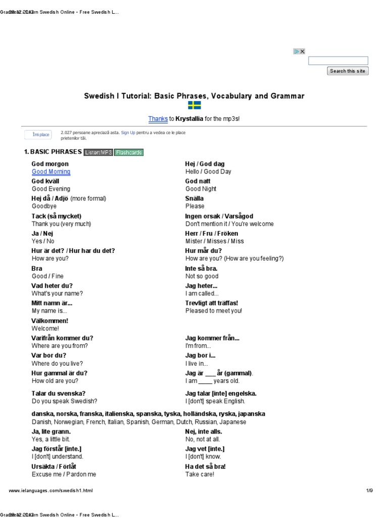 Swedish I Tutorial_ Basic Phrases, Vocabulary and Grammar • Learn ...