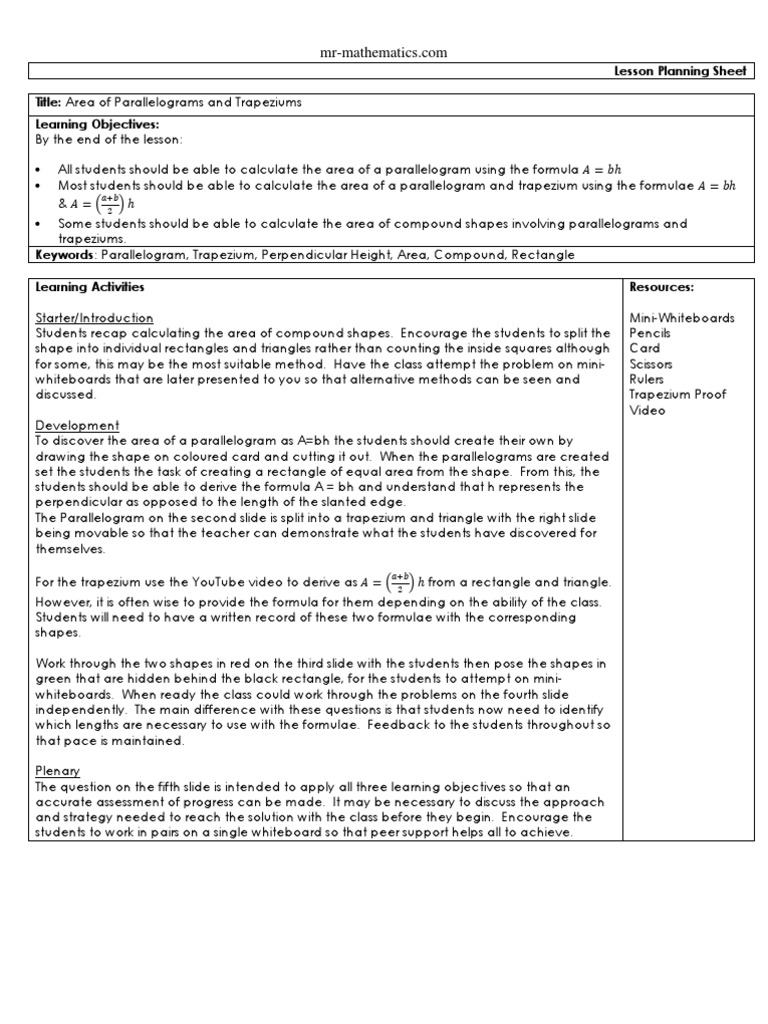 Parallelograms and Trapezia Area Lesson Plan | PDF | Area | Rectangle