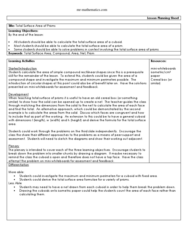 Total Surface Area Lesson Plan | PDF | Surface Area | Lesson Plan