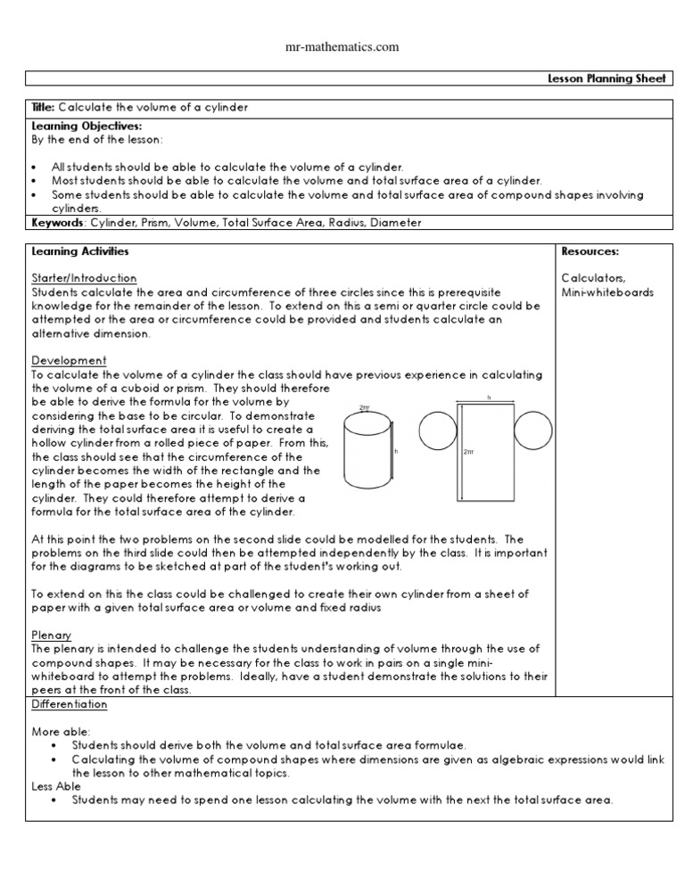 Cylinders lesson plan | Area | Volume