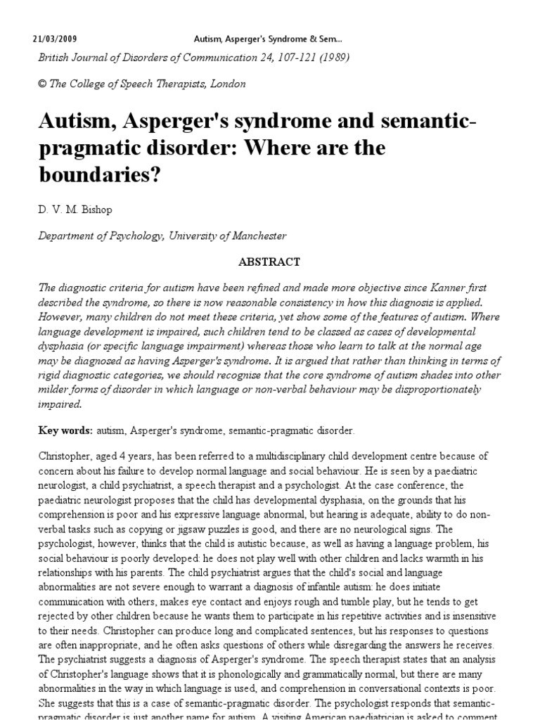 Autism, Asperger's Syndrome & Semantic-Pragmatic Disorder | PDF