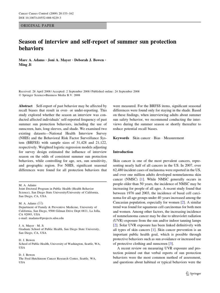 Season of Interview and Self-Report of Summer Sun Protection Behaviors ...