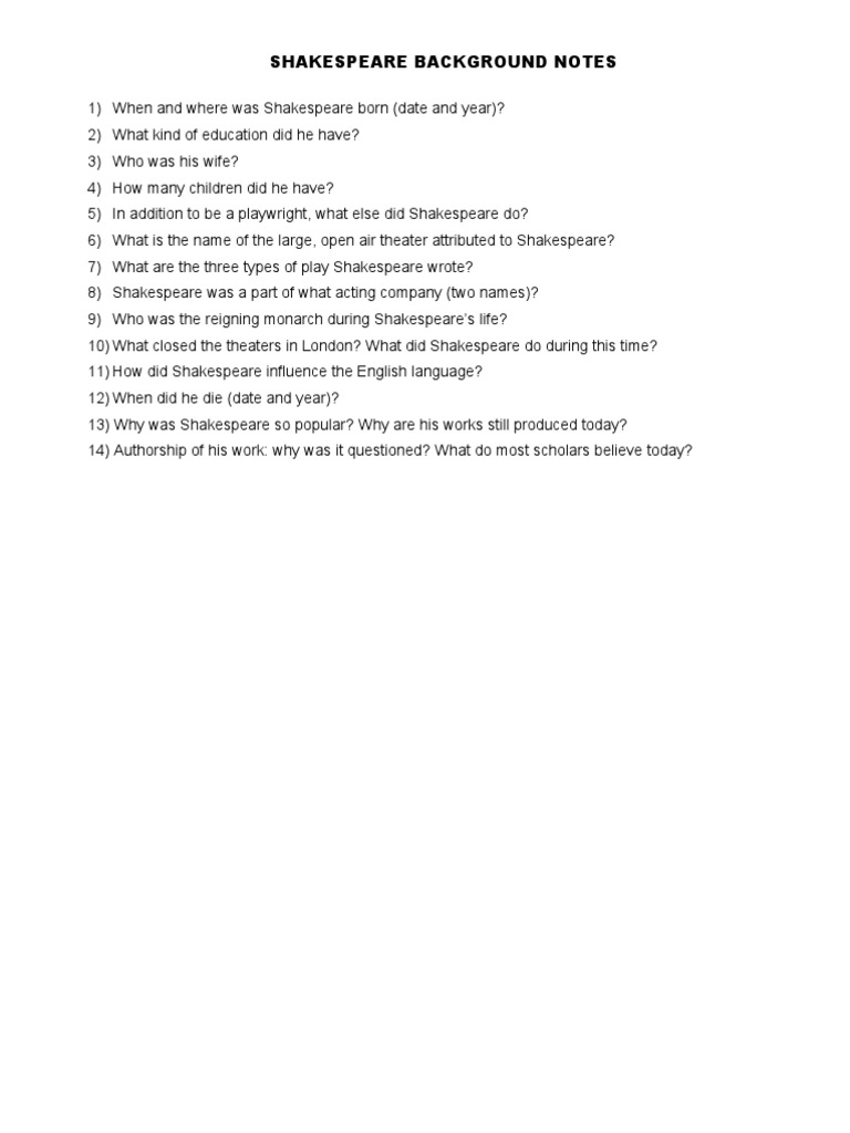Shakespeare Background Questions | PDF | William Shakespeare | Theatre