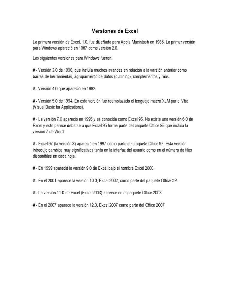 La evolución de Excel a través de sus versiones: de 1985 a 2010 | PDF ...