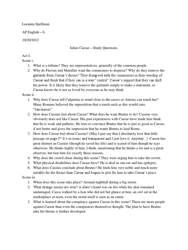 Julius Caesar Act I-II Study Questions | PDF | Julius Caesar | Mark Antony