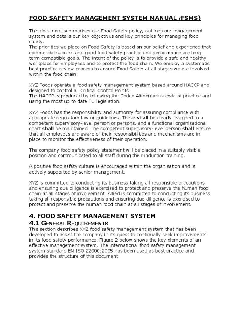 FSMS MANUAL | Food Safety | Hazard Analysis And Critical Control Points