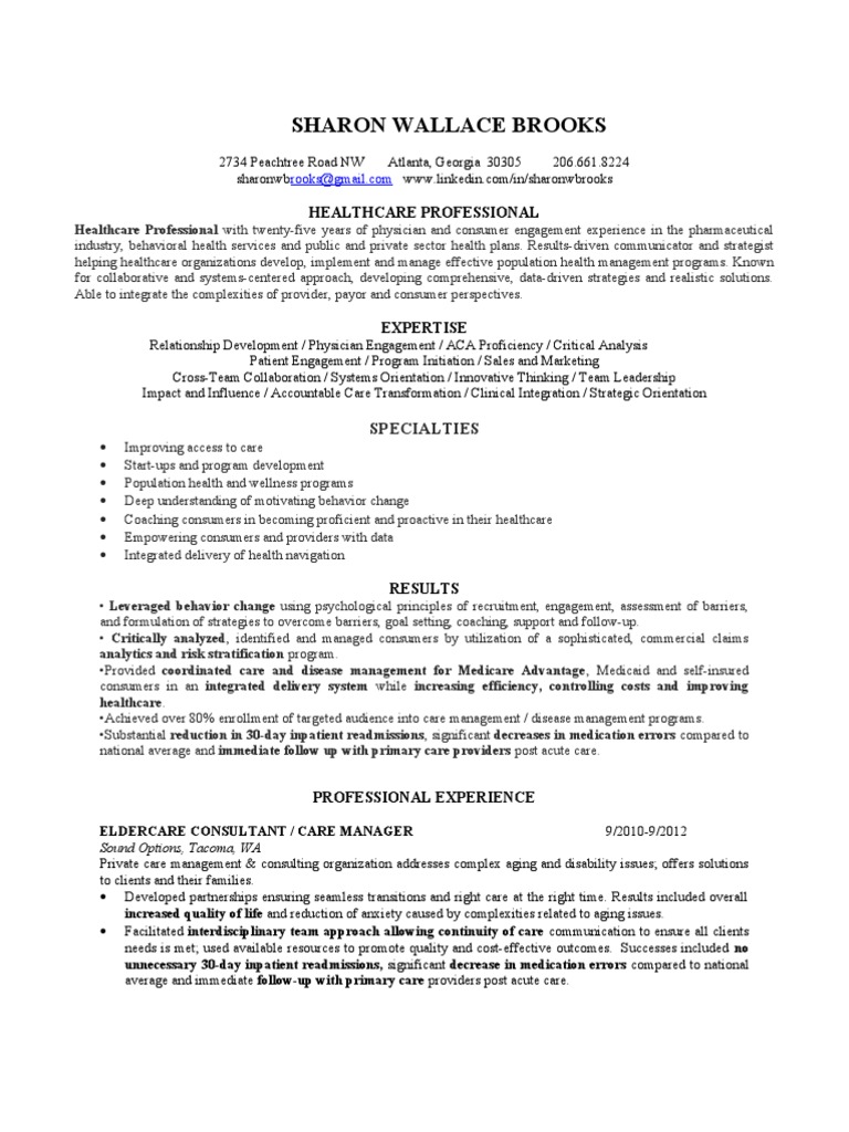 Sharon Brooks Resume | PDF | Patient Protection And Affordable Care Act ...