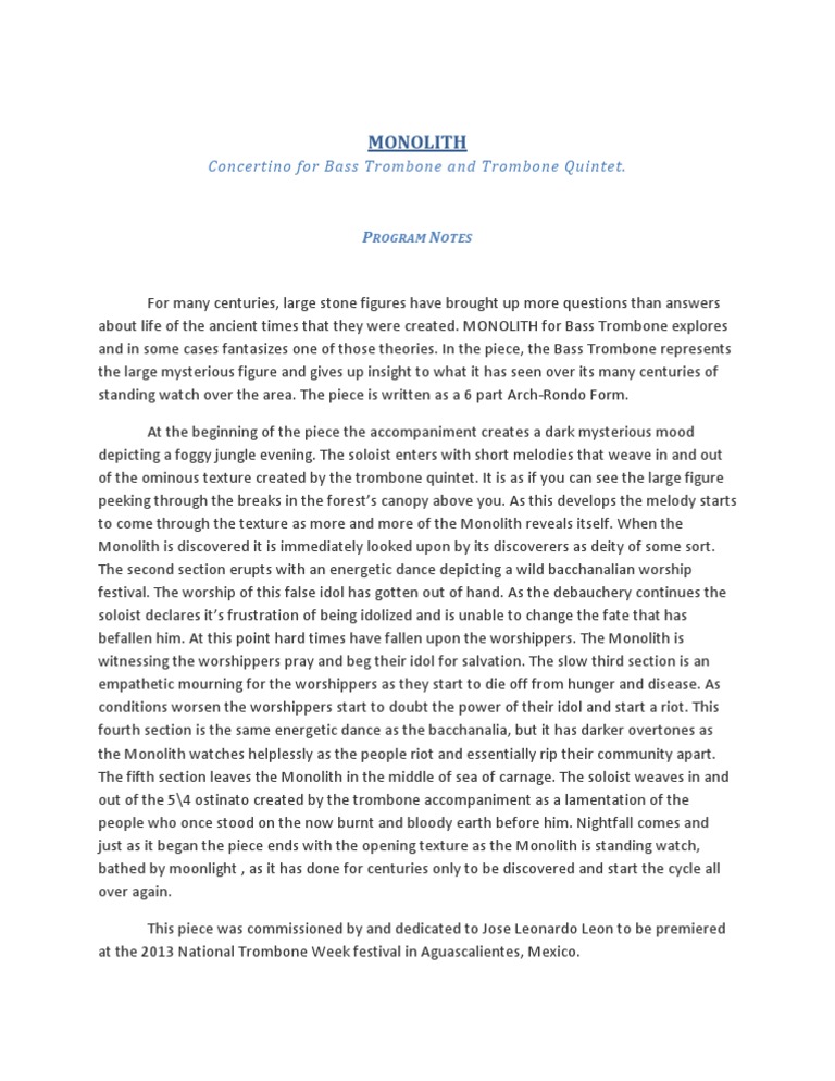 MONOLITH - Program Notes | PDF | Trombone | Entertainment (General)