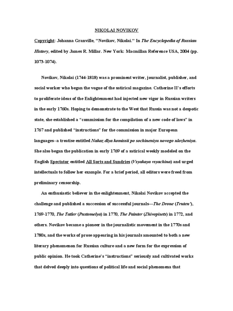 Nikolai Novikov, Russian Entrepreneur of The Satrical Magazine (1744 ...