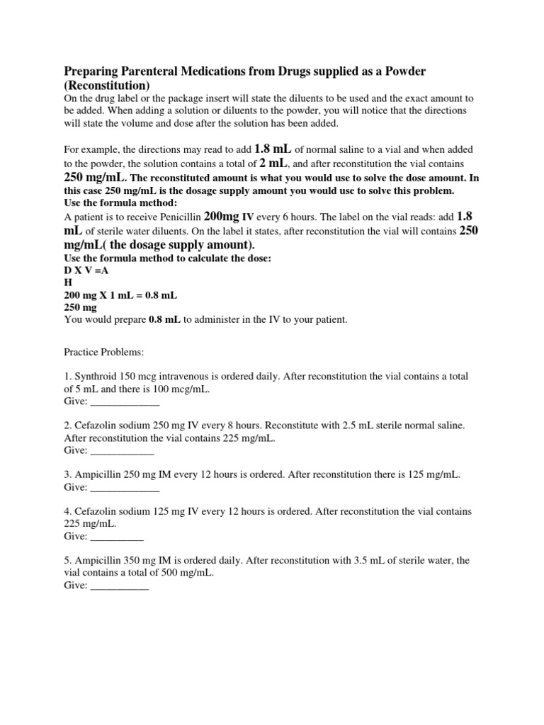 Reconstitution Dosage Calculation Guide | PDF | Dose (Biochemistry ...