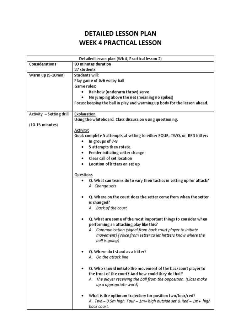 Volleyball Detailed Lesson Plan | PDF | Volleyball | Games Of Physical ...