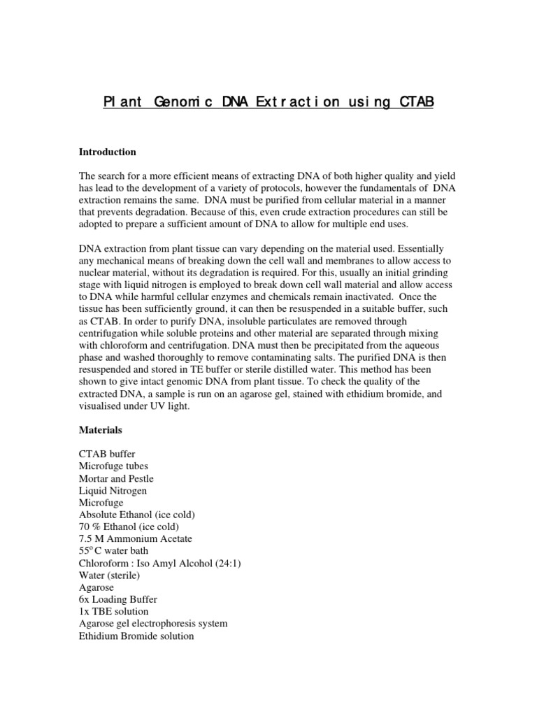 CTAB Method for Plant DNA Extraction | PDF | Agarose Gel ...