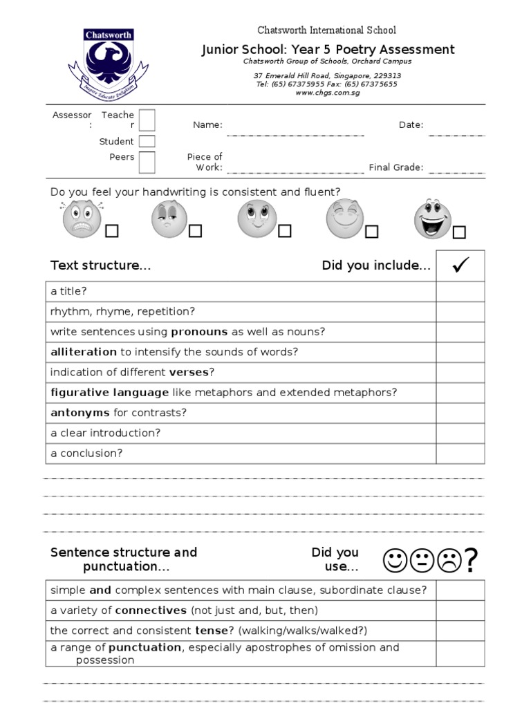 Junior School: Year 5 Poetry Assessment: Assessor: Teache R Name: Date ...