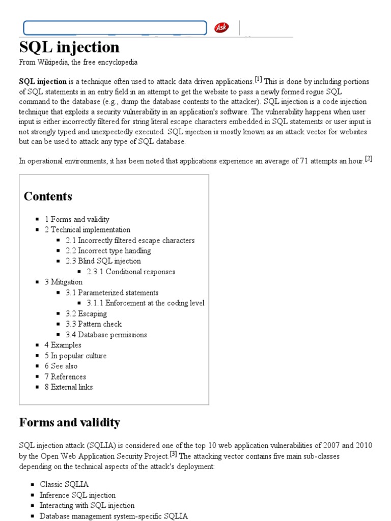 SQL injection: From Wikipedia, the free encyclopedia