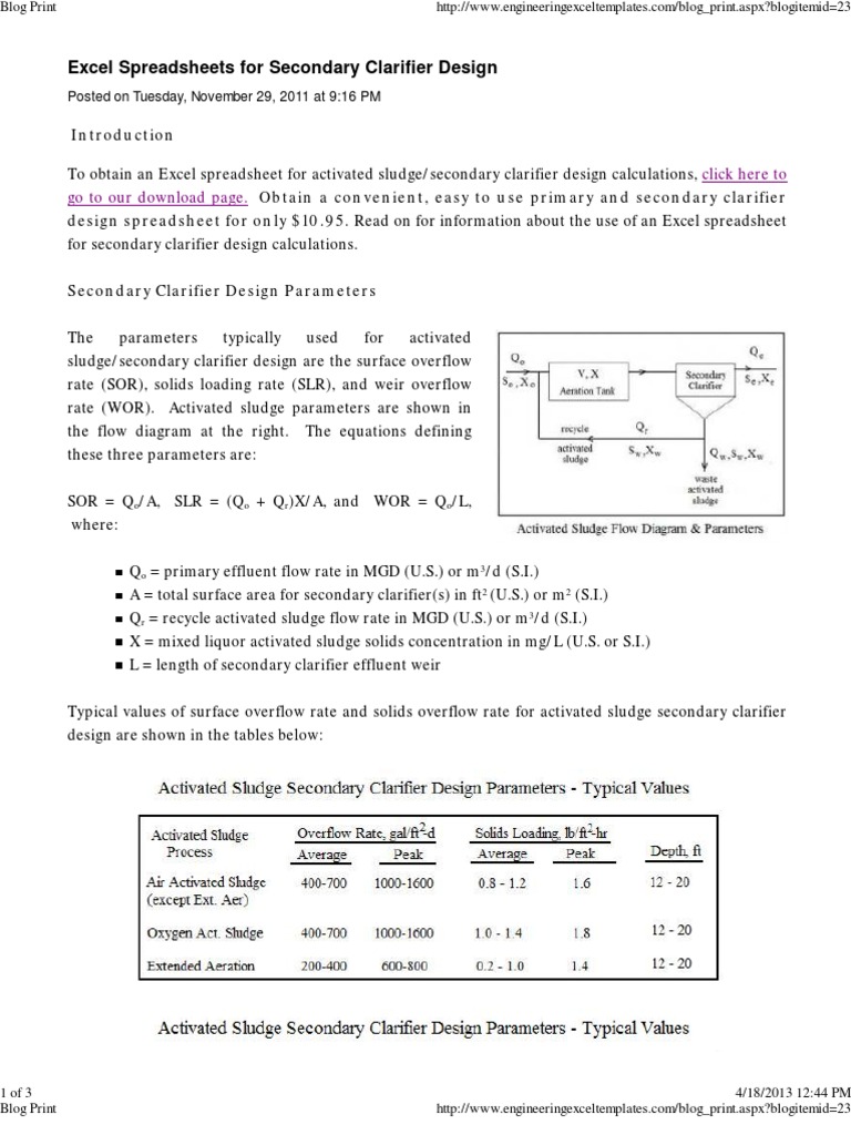 Spreadsheets For Secondary Clarifier Design | PDF | Spreadsheet ...