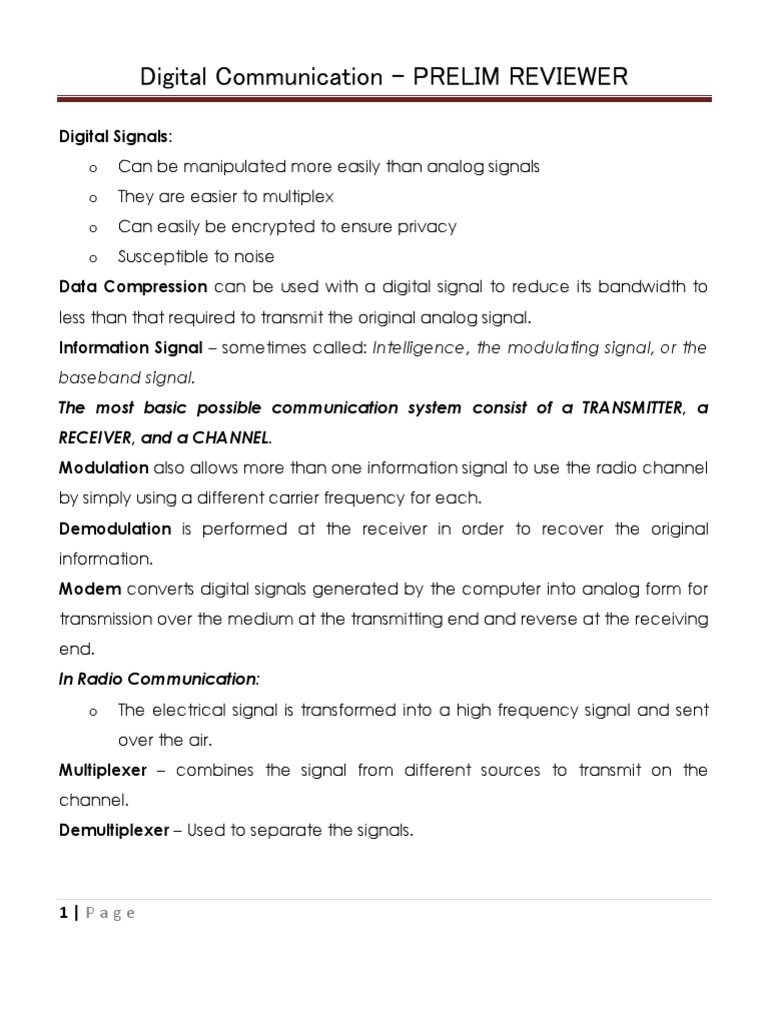 Digital Communication - Prelim Reviewer | PDF | Modulation | Channel (Communications)