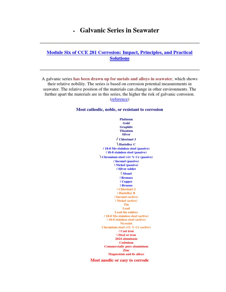 Galvanic Series of Metals in Seawater | PDF